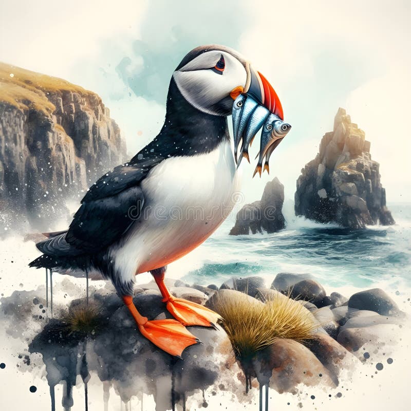 Image of Puffin Birds Standing on Top of a Lush Green Hillside Scene ...