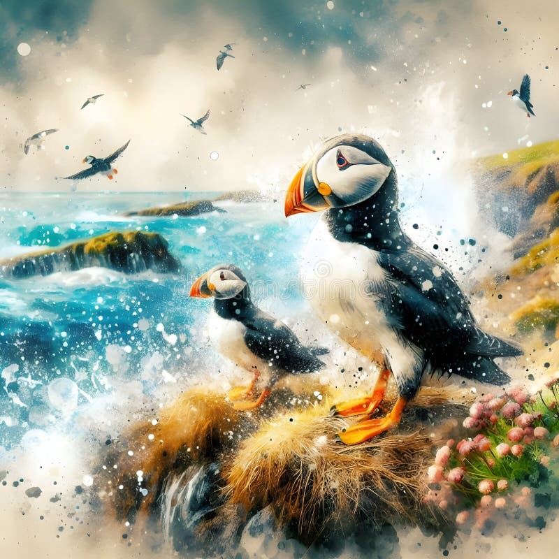 Image of Puffin Birds Standing on Top of a Lush Green Hillside Scene ...