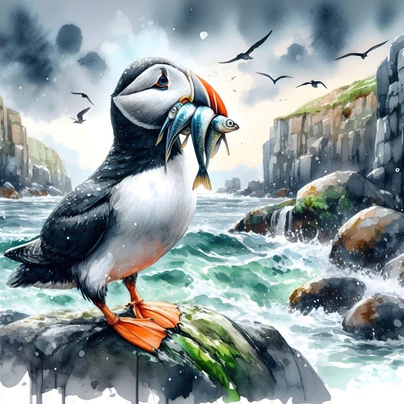 Image of Puffin Birds Standing on Top of a Lush Green Hillside Scene ...