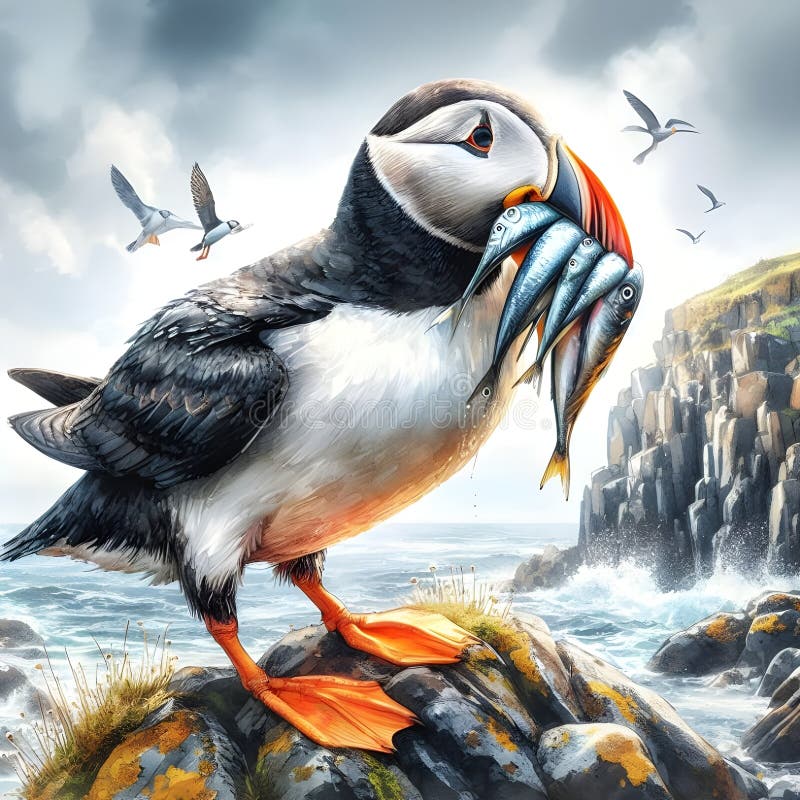 Image of Puffin Birds Standing on Top of a Lush Green Hillside Scene ...