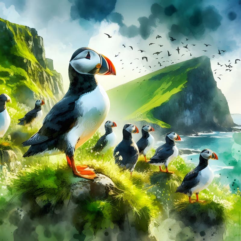 Image of Puffin Birds Standing on Top of a Lush Green Hillside Scene ...