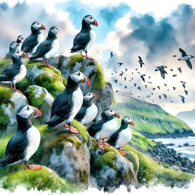 Image of Puffin Birds Standing on Top of a Lush Green Hillside Scene ...