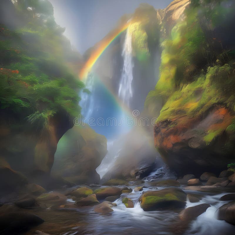Image of a Rainbow Over a Waterfall Surrounded by Lush Vegetation ...
