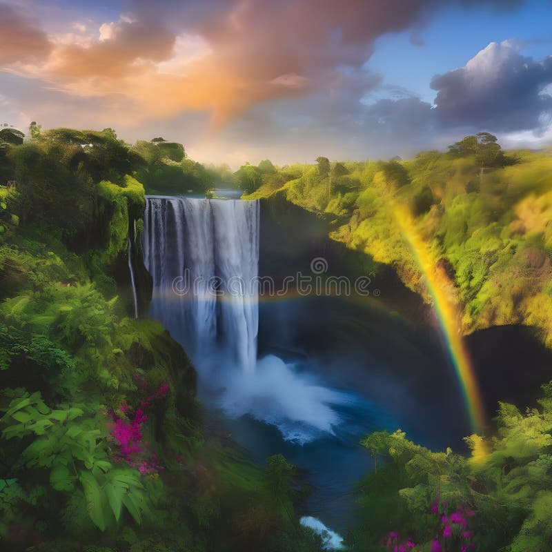 Image of a Rainbow Over a Waterfall Surrounded by Lush Vegetation ...