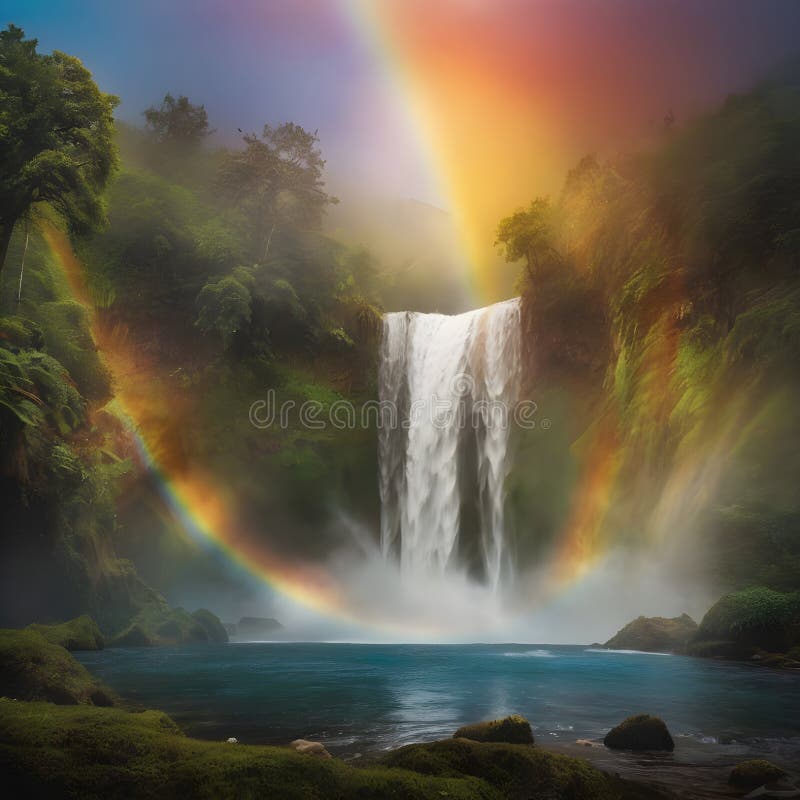 Image of a Rainbow Over a Waterfall Surrounded by Lush Vegetation ...