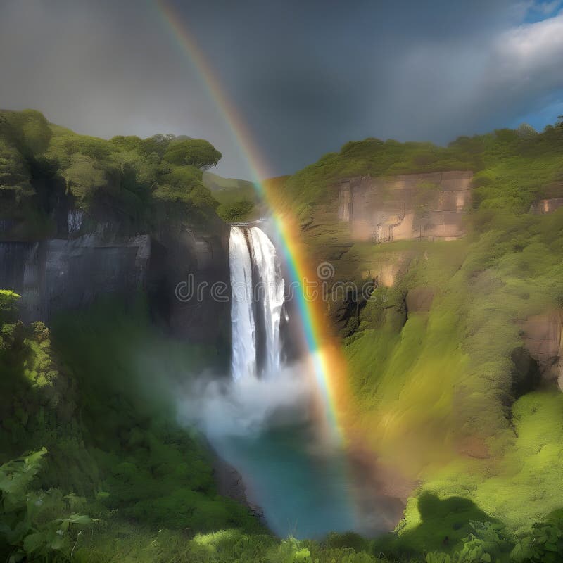 Image of a Rainbow Over a Waterfall Surrounded by Lush Vegetation ...