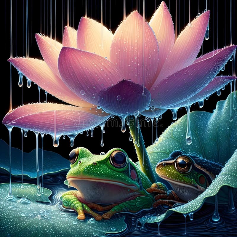Image of the Raining Scenery Where Frogs are Under a Flower Soaking Wet ...