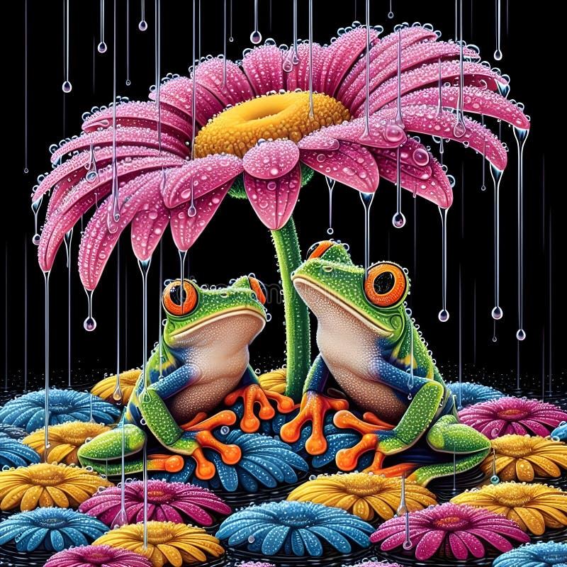 Image of the Raining Scenery Where Frogs are Under a Flower Soaking Wet ...