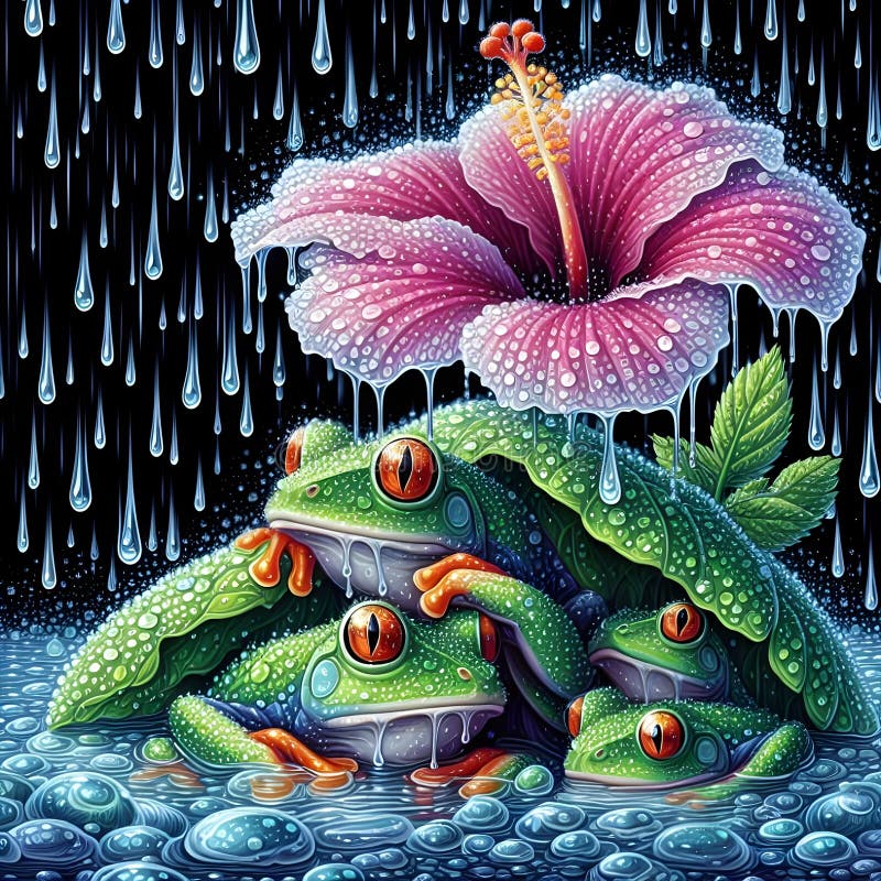 Image of the Raining Scenery Where Frogs are Under a Flower Soaking Wet ...