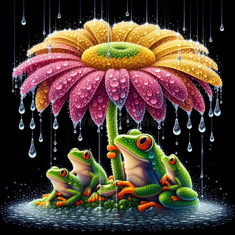 Image of the Raining Scenery Where Frogs are Under a Flower Soaking Wet ...