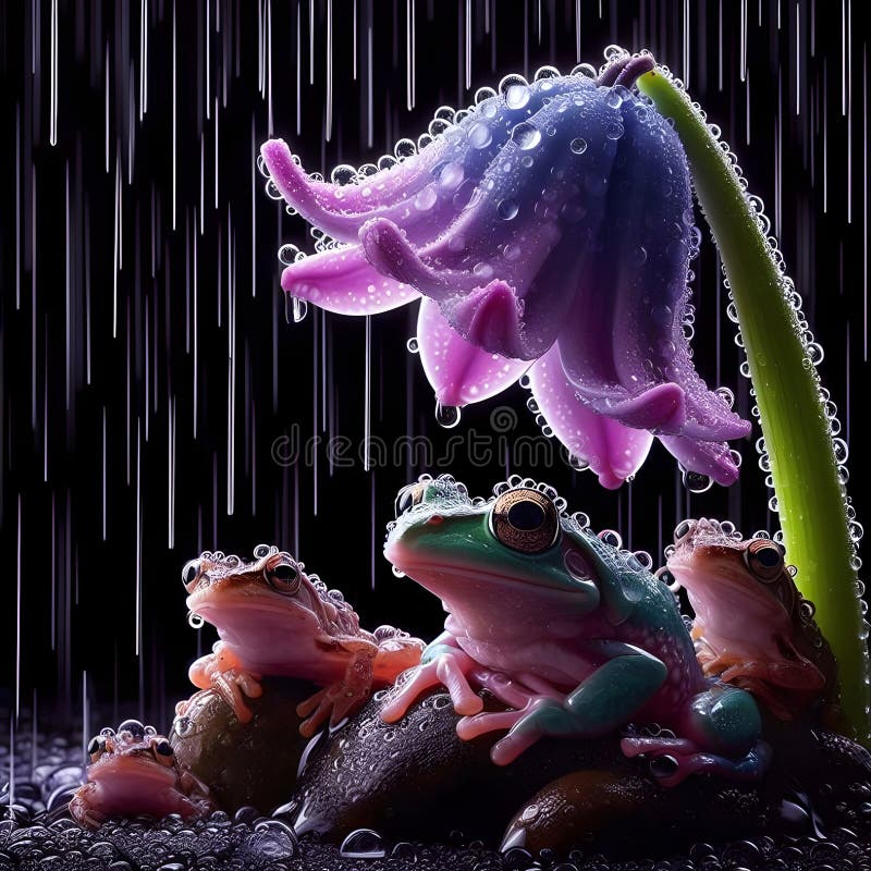 Image of the Raining Scenery Where Frogs are Under a Flower Soaking Wet ...