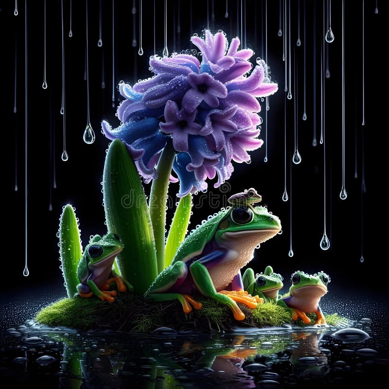 Image of the Raining Scenery Where Frogs are Under a Flower Soaking Wet ...