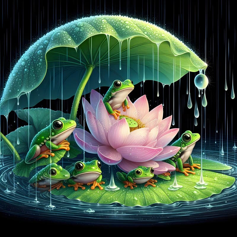 Image of the Raining Scenery Where Frogs are Under a Flower Soaking Wet ...