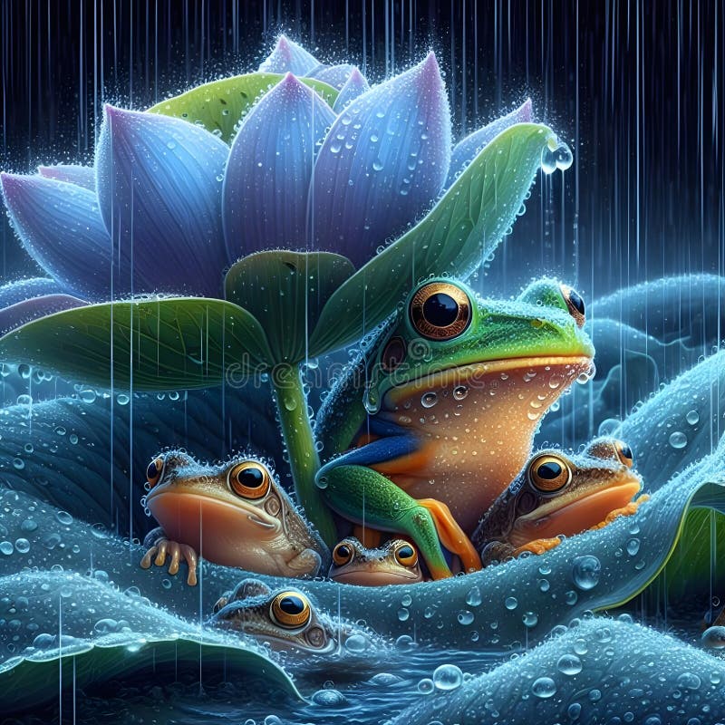 Image of the Raining Scenery Where Frogs are Under a Flower Soaking Wet ...