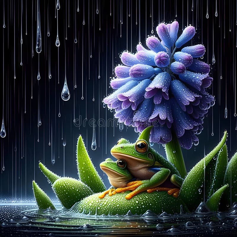 Image of the Raining Scenery Where Frogs are Under a Flower Soaking Wet ...