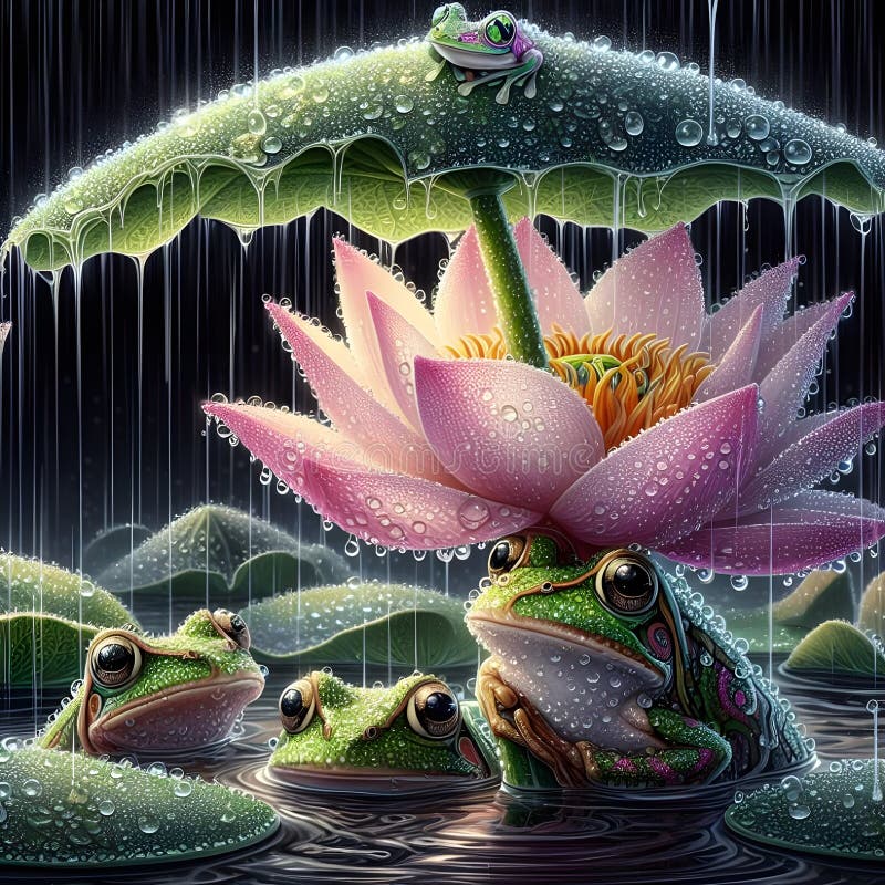 Image of the Raining Scenery Where Frogs are Under a Flower Soaking Wet ...