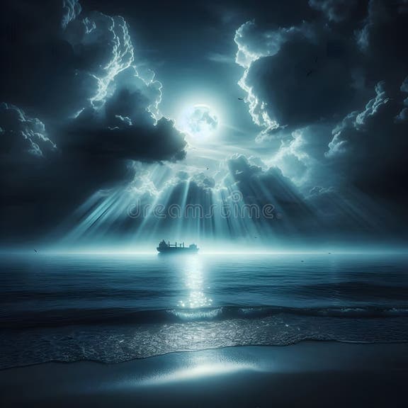 Image of Rays of Moonlight Breaking through the Cloudy Night Sky ...