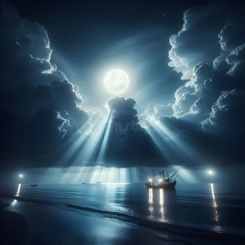 Image of Rays of Moonlight Breaking through the Cloudy Night Sky ...