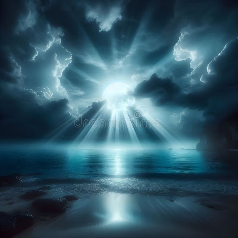 Image of Rays of Moonlight Breaking through the Cloudy Night Sky ...