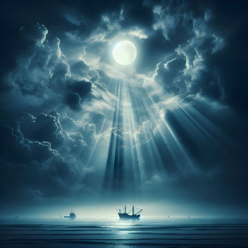 Image of Rays of Moonlight Breaking through the Cloudy Night Sky ...