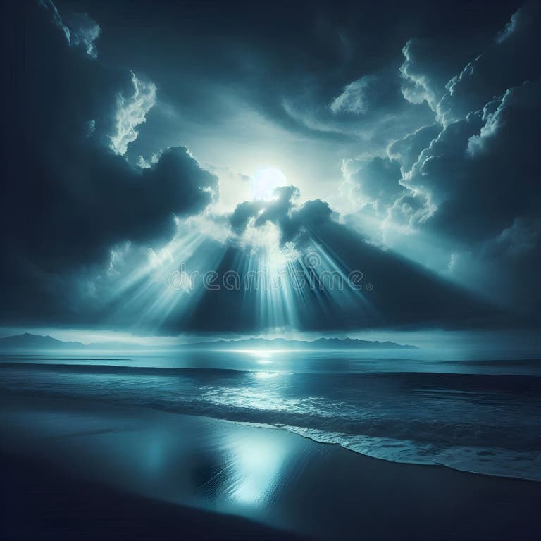 Image of Rays of Moonlight Breaking through the Cloudy Night Sky ...