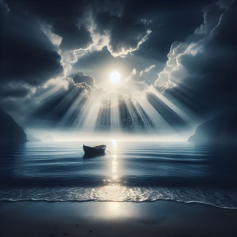 Image of Rays of Moonlight Breaking through the Cloudy Night Sky ...