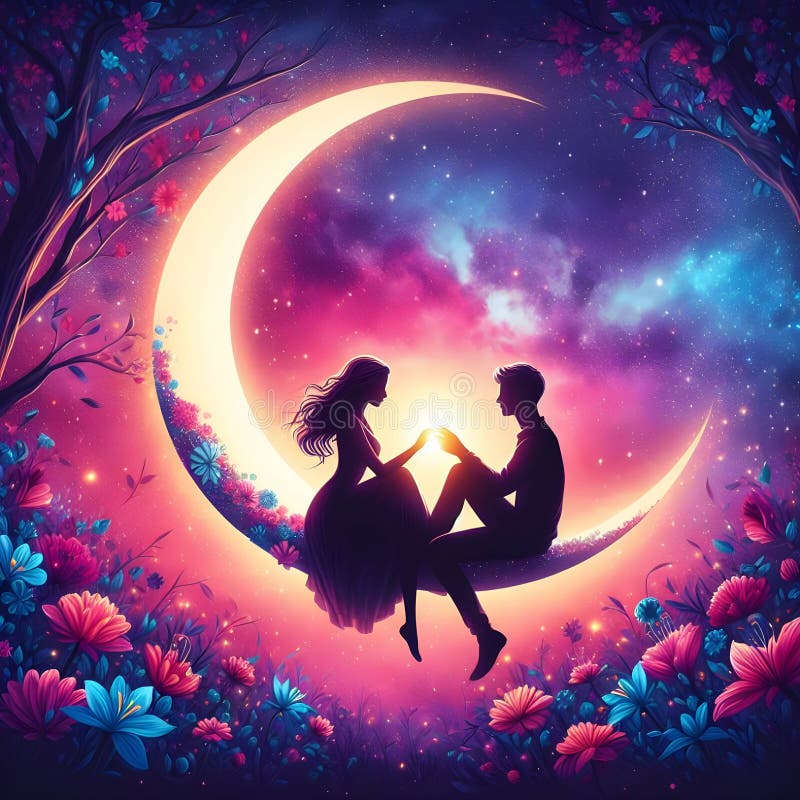 Image of Romantic Love Couple Sitting on a Crescent Moon at Magical ...