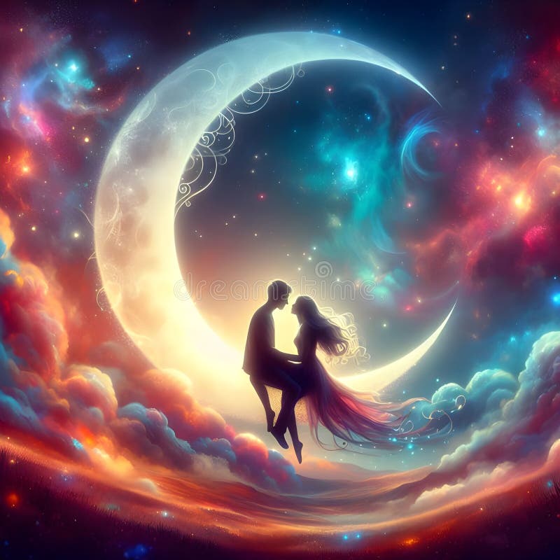 Image of Romantic Love Couple Sitting on a Crescent Moon at Magical ...