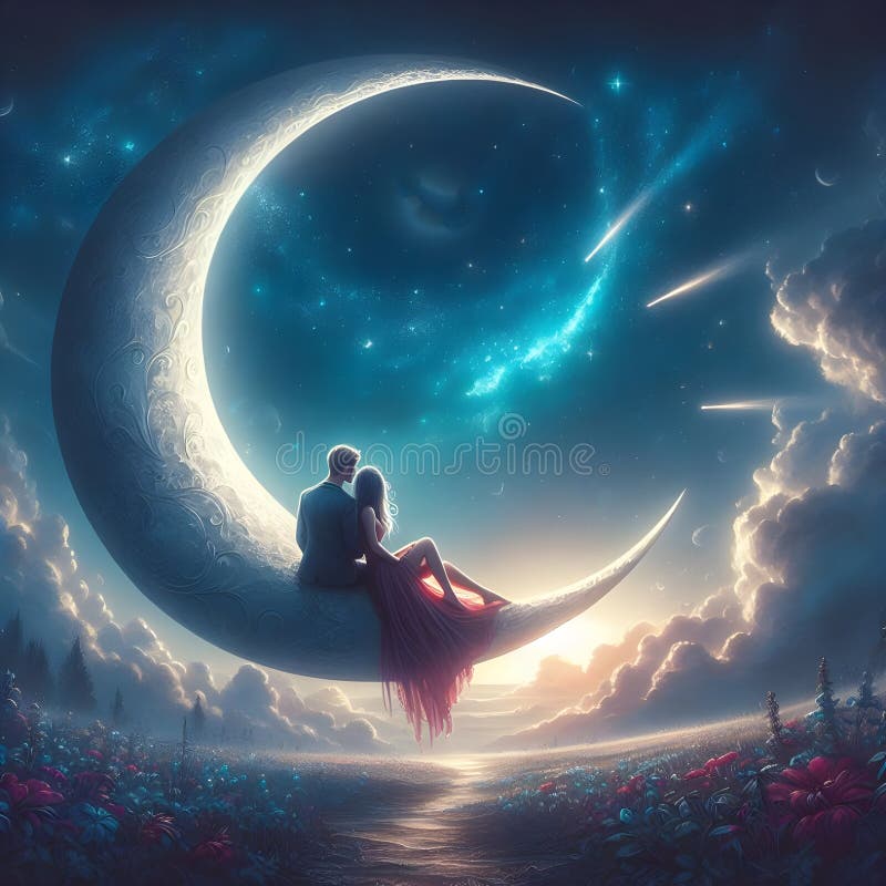Image of Romantic Love Couple Sitting on a Crescent Moon at Magical ...
