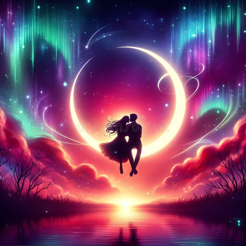Image of Romantic Love Couple Sitting on a Crescent Moon at Magical ...