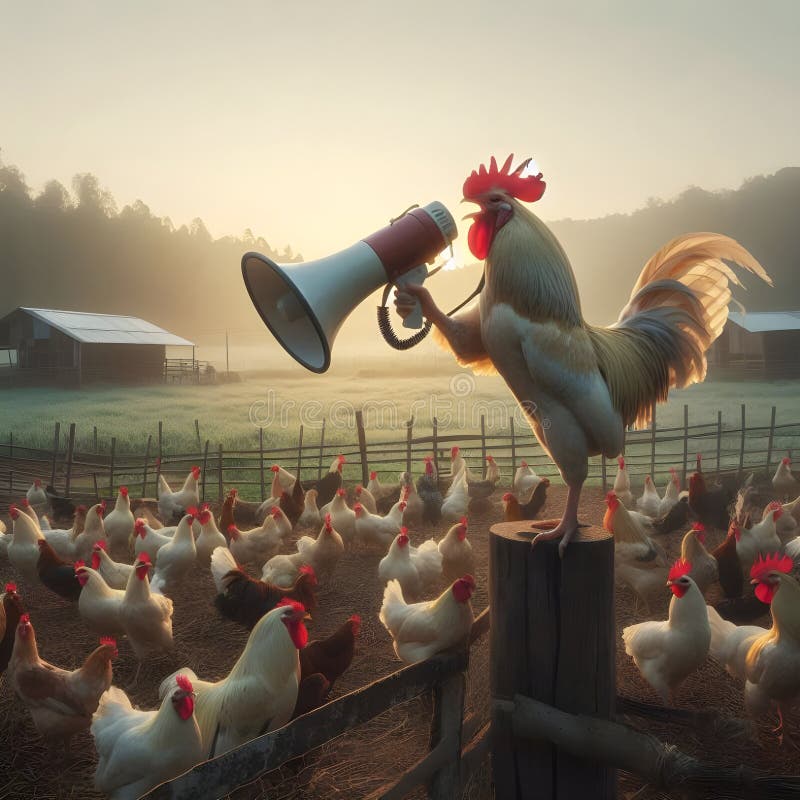 Rooster Standing on the Fence of the Farm Crowing Loudly Awakening the ...