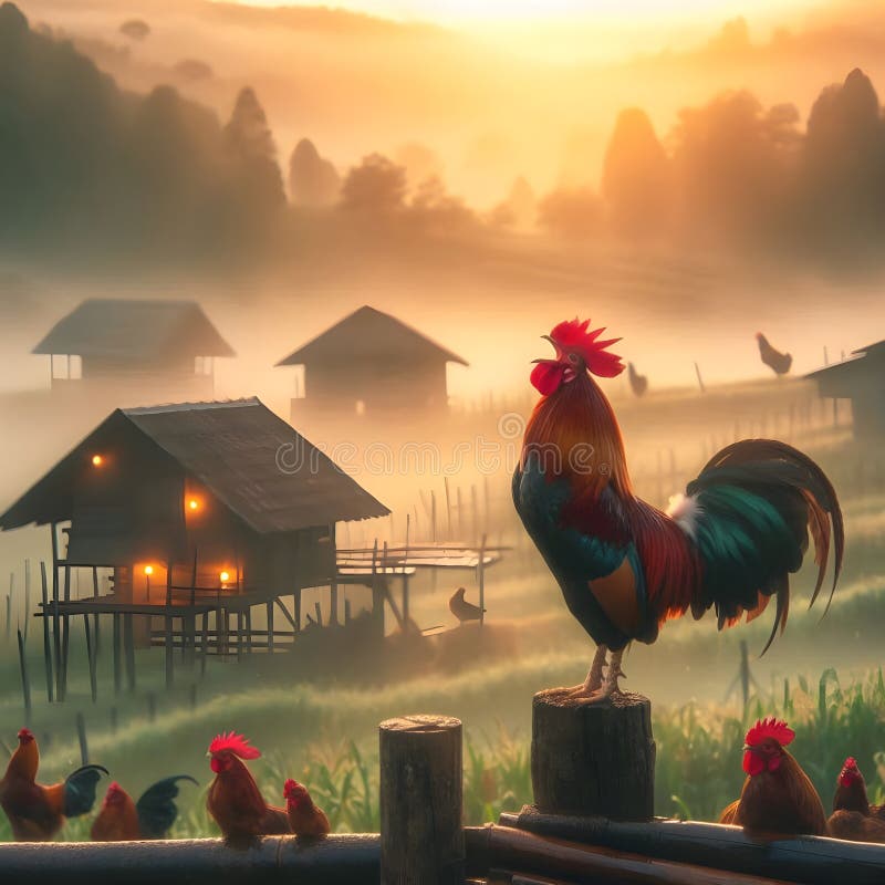 Rooster Standing on the Fence of the Farm Crowing Loudly Awakening the ...