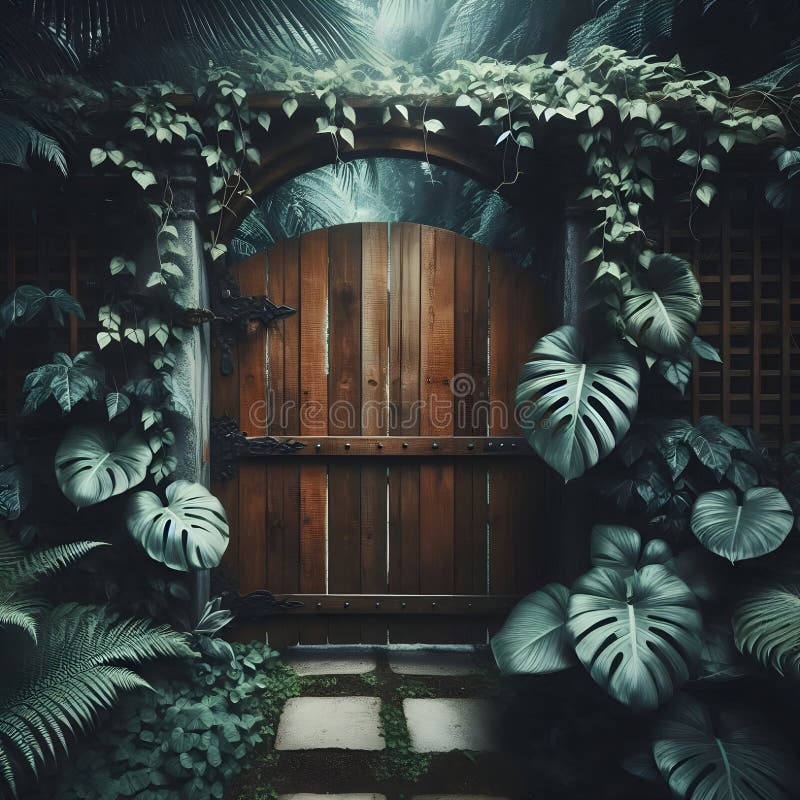 Rustic Wooden Gate with Climbing Monstera and Fern Leaf Around the ...