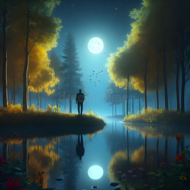 Serene Night Time Someone Standing by the Edge of the Still Lake with ...
