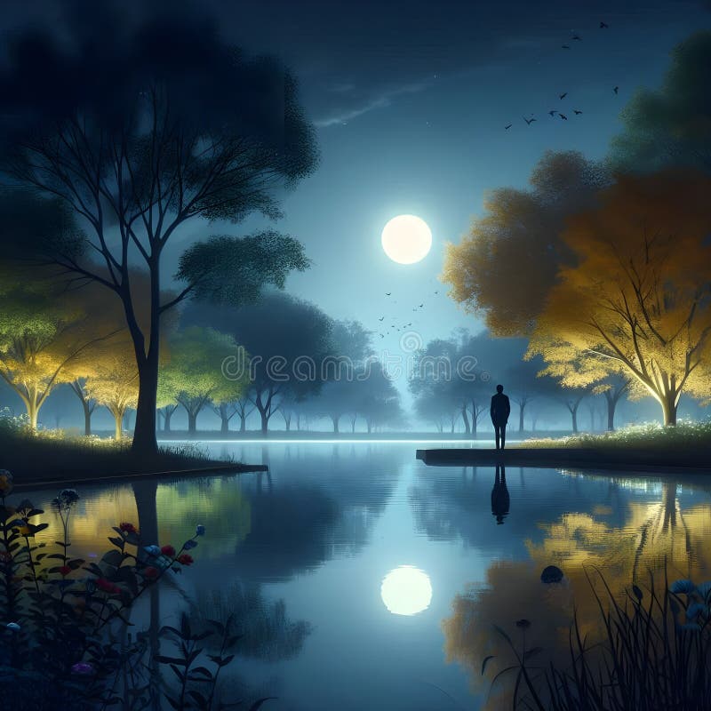 Serene Night Time Someone Standing by the Edge of the Still Lake with ...