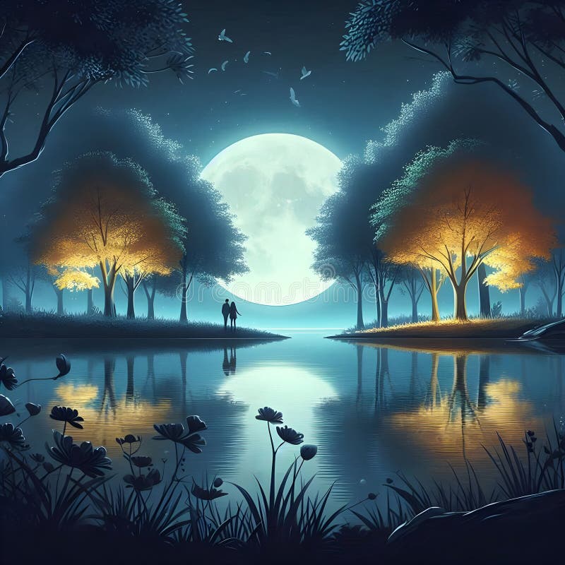 Serene Night Time Someone Standing by the Edge of the Still Lake with ...