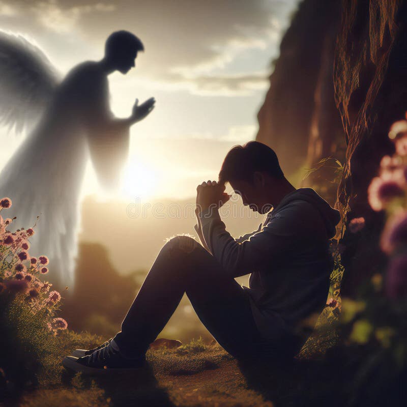 Image of a Shadowy Angel Watching Someone Kneeling in Silhouette by the ...