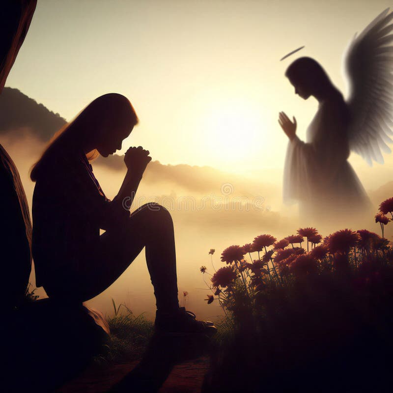 Image of a Shadowy Angel Watching Someone Kneeling in Silhouette by the ...