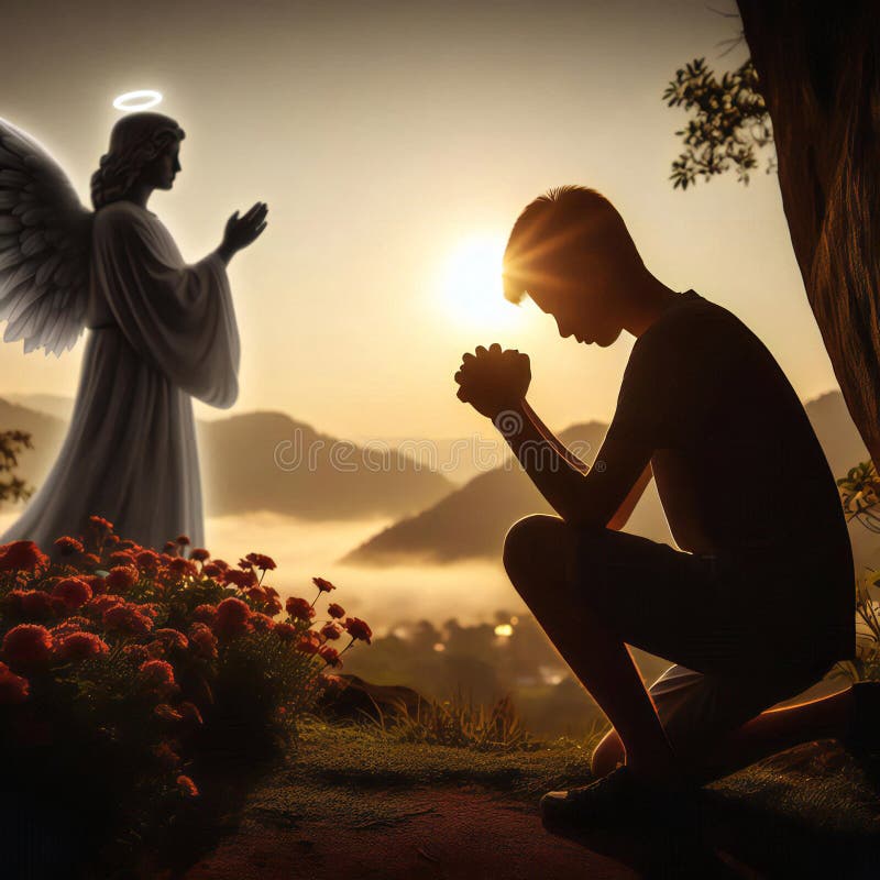 Image of a Shadowy Angel Watching Someone Kneeling in Silhouette by the ...