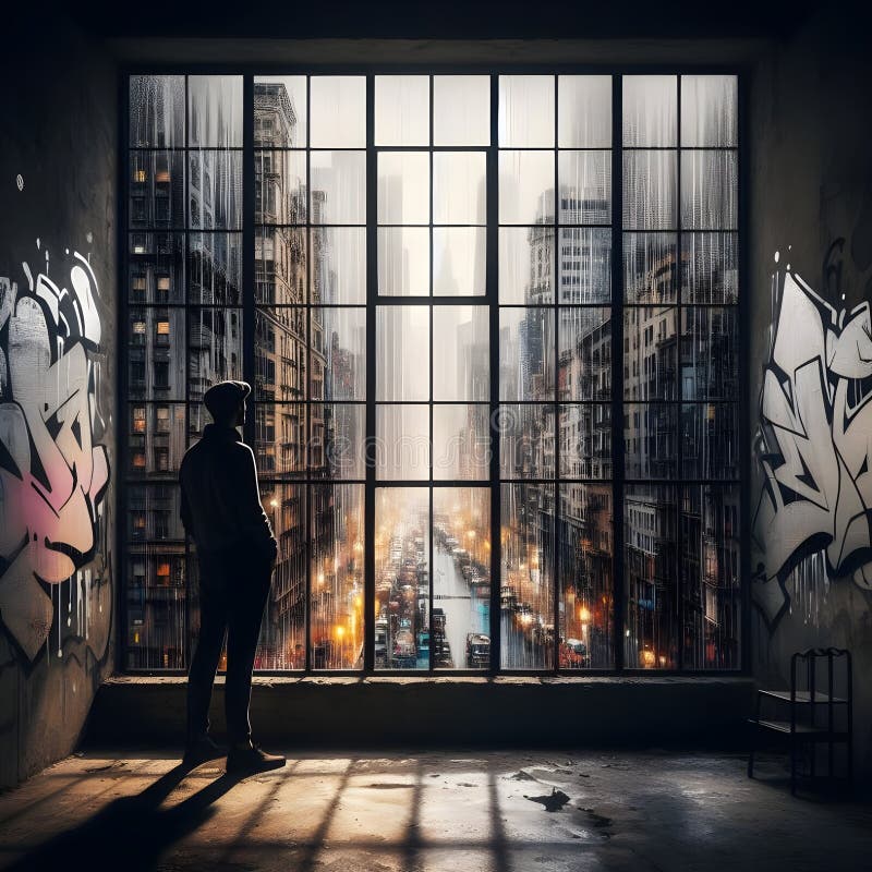 Image of Shadowy Figure Looking Out a Rainy Urban Day Behind the Window ...