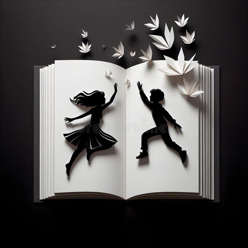 Image of a Silhouette of a Children, Cut from a Book Page and Flies Out ...