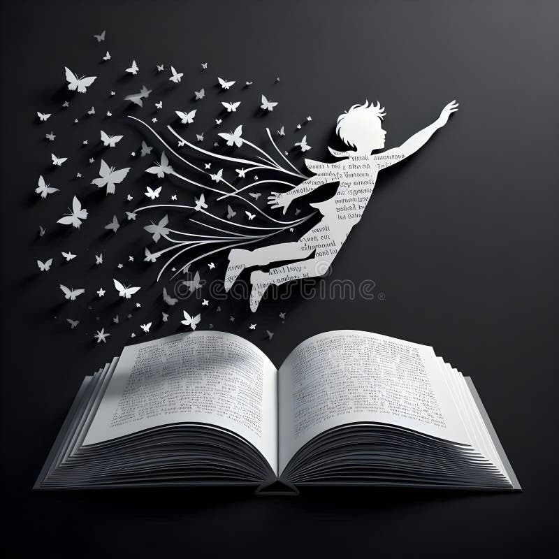 Image of a Silhouette of a Children, Cut from a Book Page and Flies Out ...