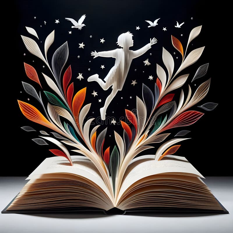 Image of a Silhouette of a Children, Cut from a Book Page and Flies Out ...