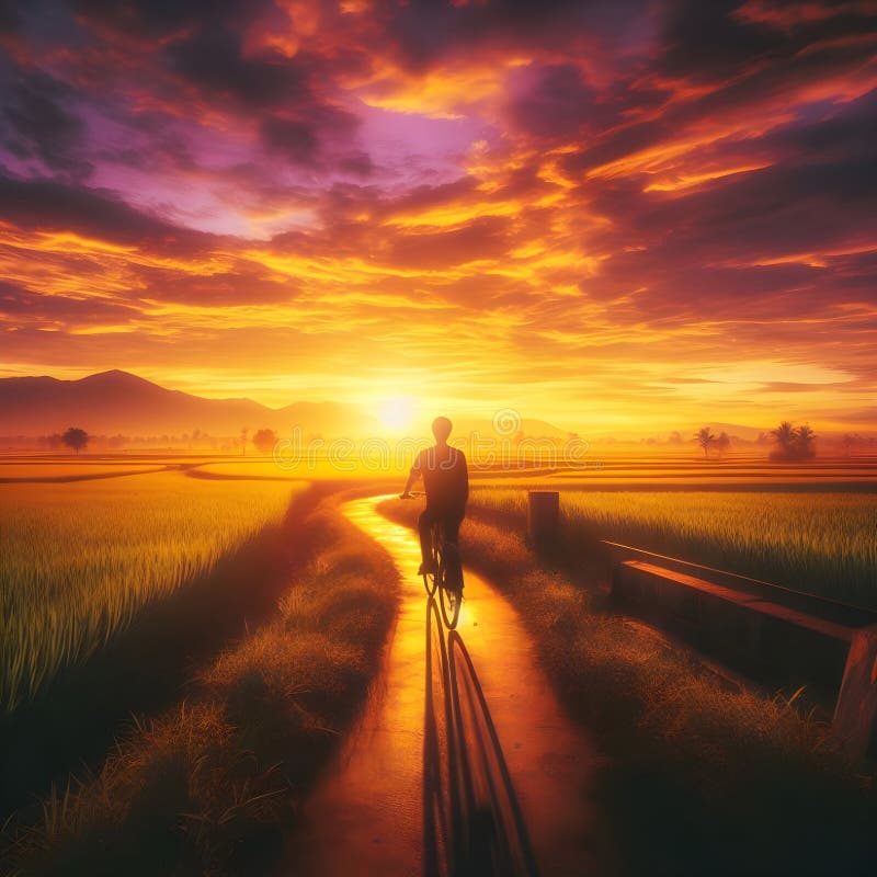 Image of Silhouette of a Person Riding the Bicycle into the Distance ...