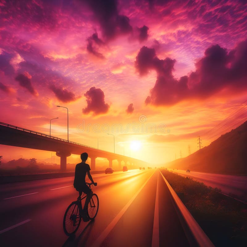 Image of Silhouette of a Person Riding the Bicycle into the Distance ...
