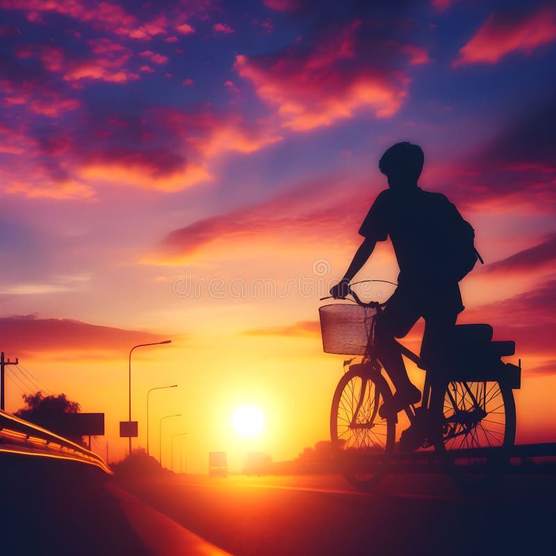 Image of Silhouette of a Person Riding the Bicycle into the Distance ...