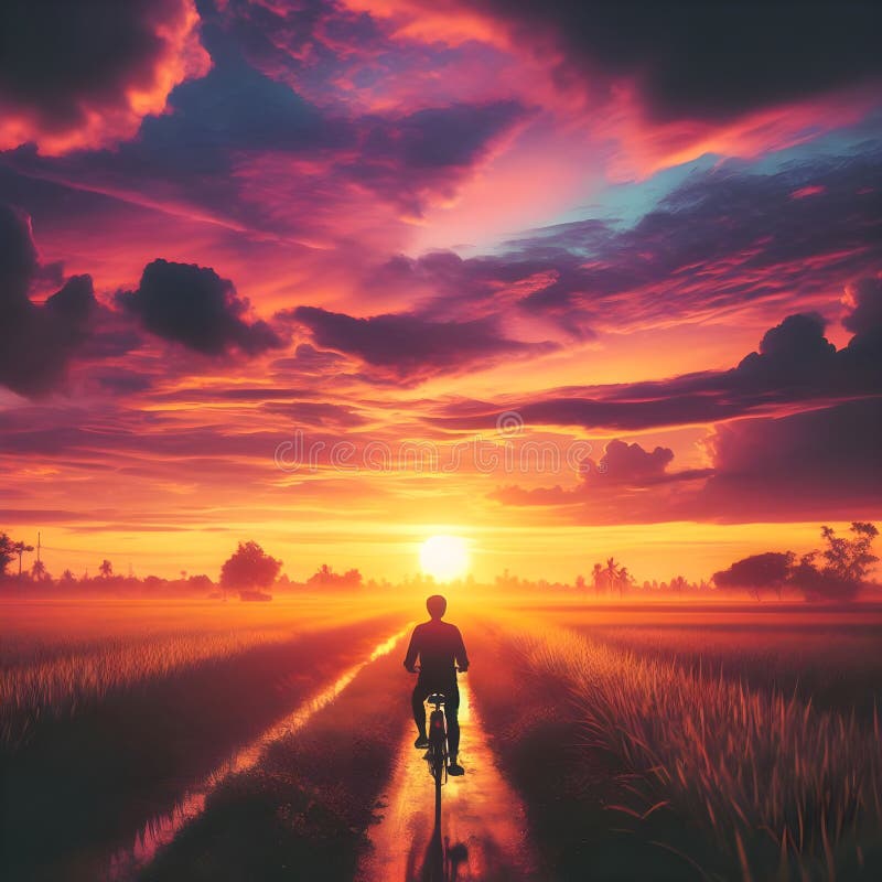 Image of Silhouette of a Person Riding the Bicycle into the Distance ...