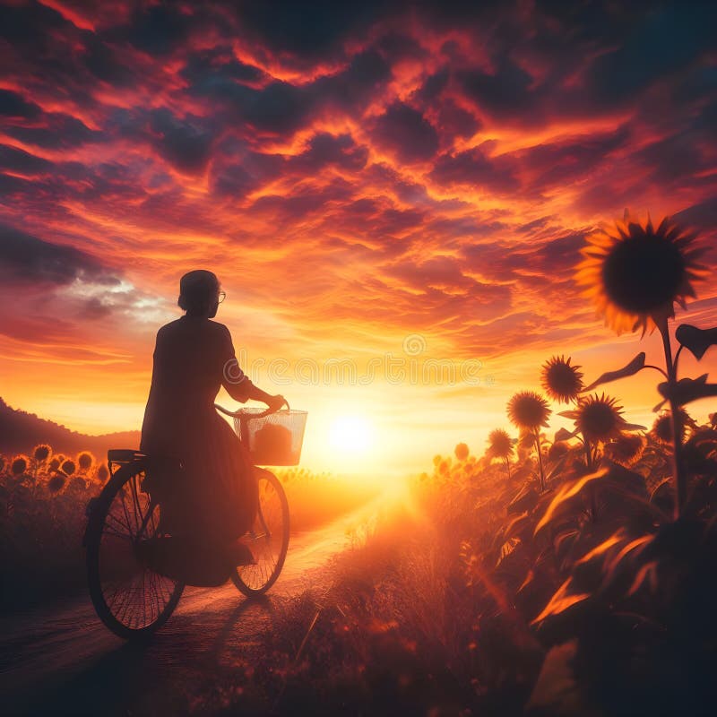 Image of Silhouette of a Person Riding the Bicycle into the Distance ...