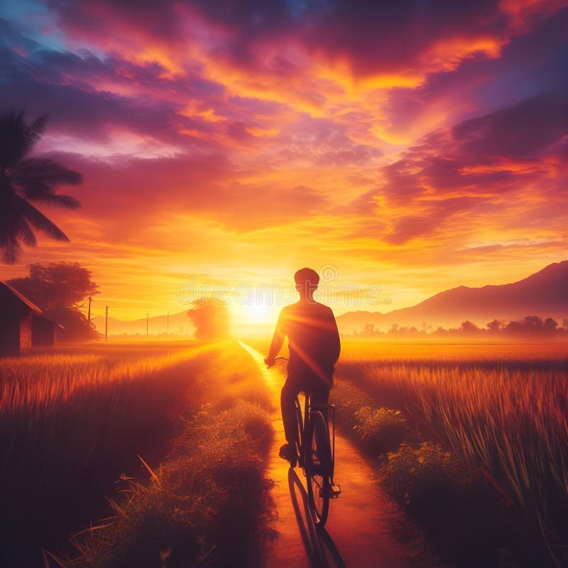 Image of Silhouette of a Person Riding the Bicycle into the Distance ...