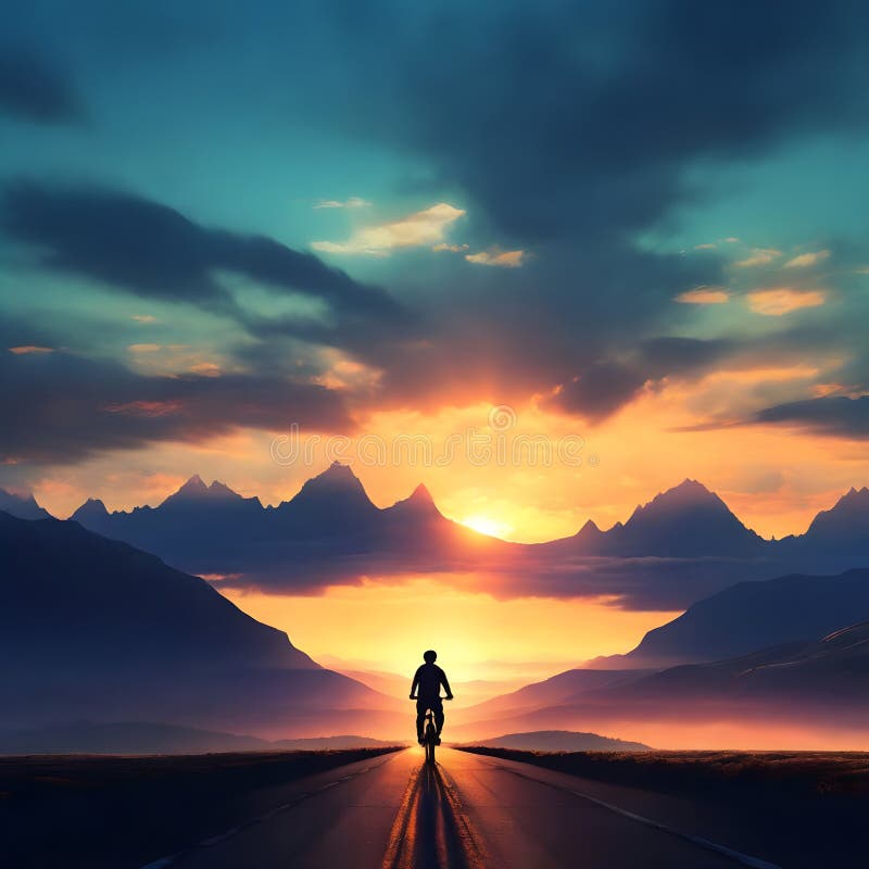 Image of Silhouette of a Person Riding the Bicycle into the Distance ...